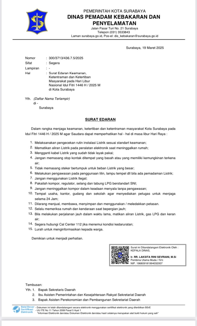 Pemkot Surabaya Terbitkan Surat Edaran untuk Keamanan Idulfitri 1446 H